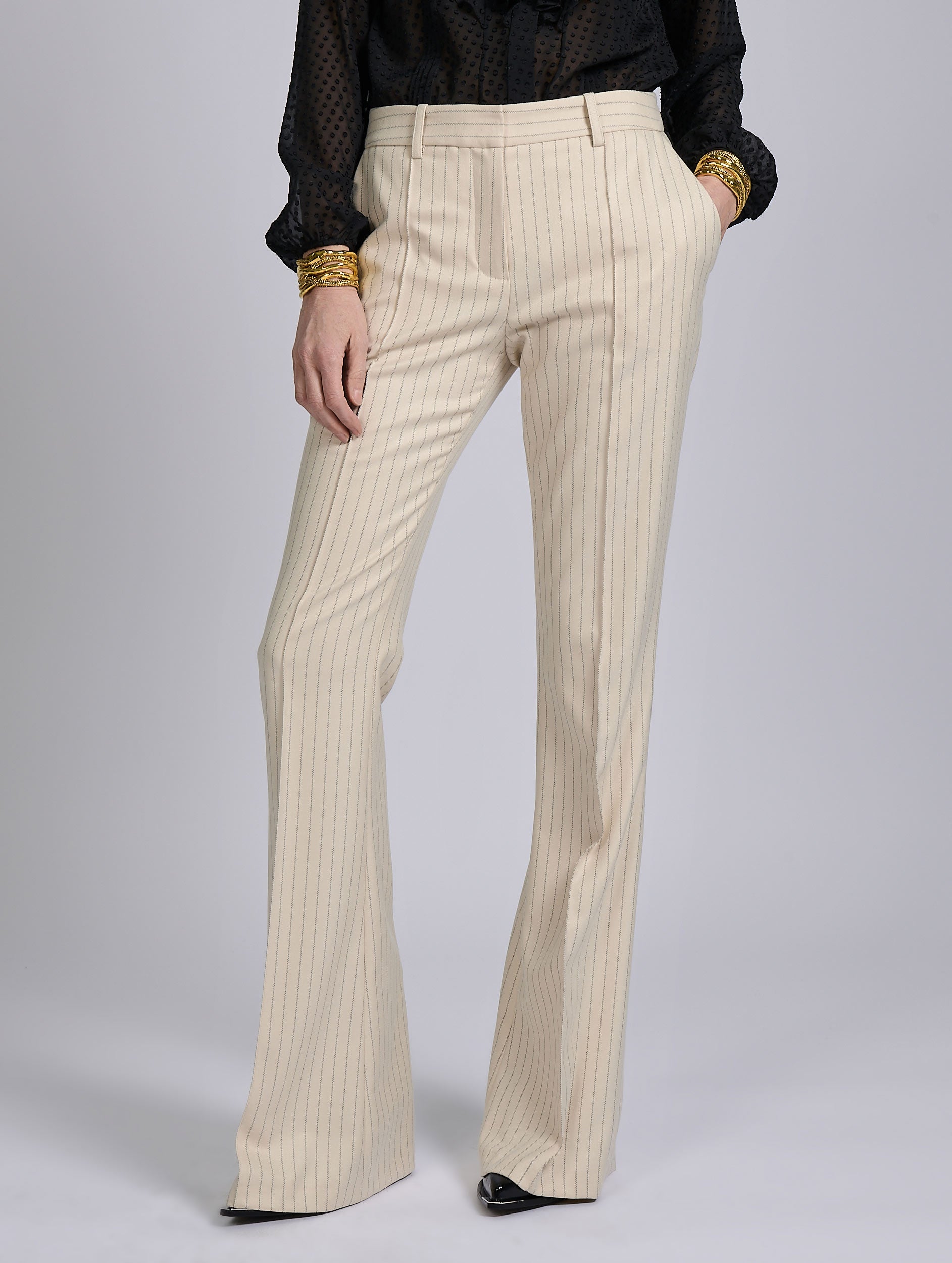 Women Ready-to-wear| Beige and copper tennis stripe bootleg trousers ...