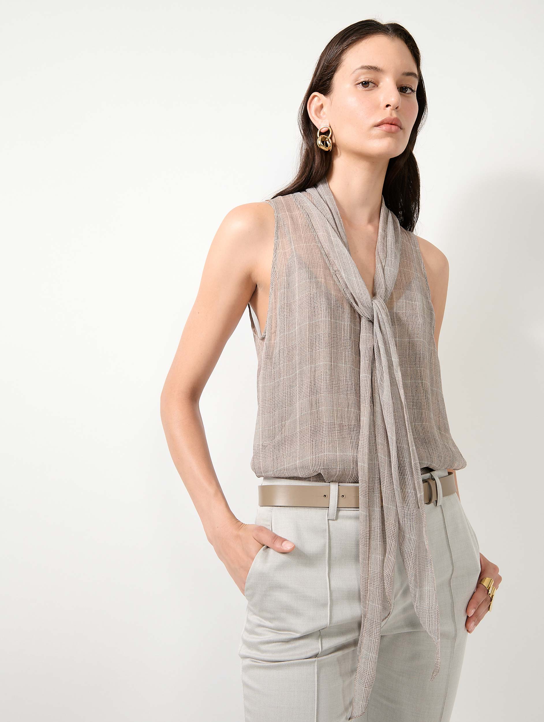 Women Ready-to-Wear | Sand Prince of Wales check silk georgette top ...